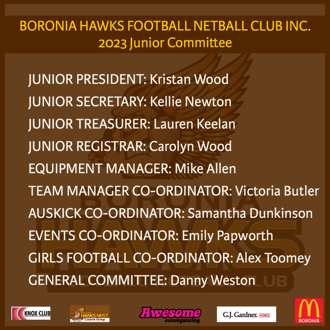2023 Junior Committee & Coaches – BORONIA HAWKS FOOTBALL NETBALL CLUB INC.